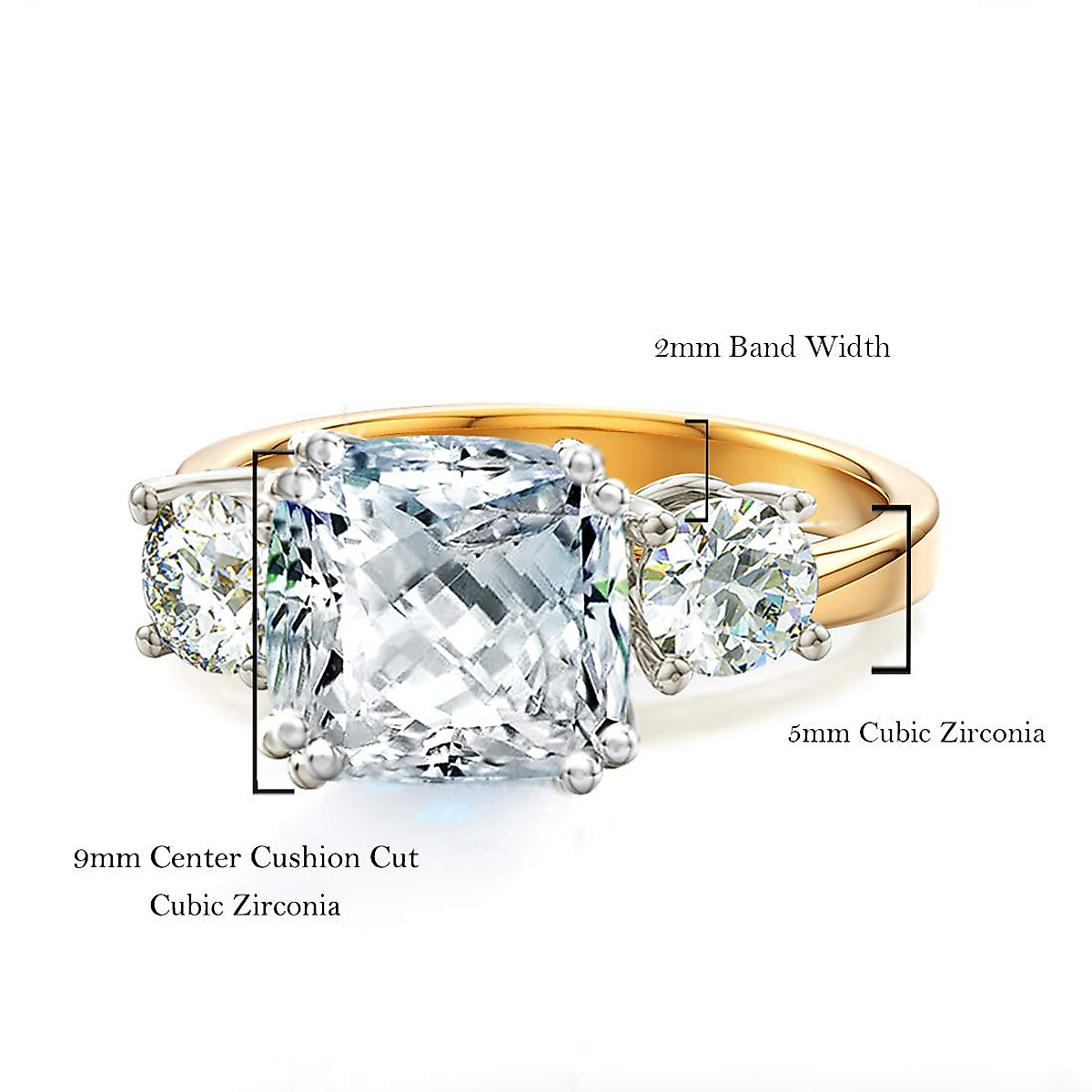 Samie Collection 3 Stone Engagement Rings for Women Wedding Ring with Cushion Cut Simulated Diamond CZ in Yellow & White Gold Plating, Size 6