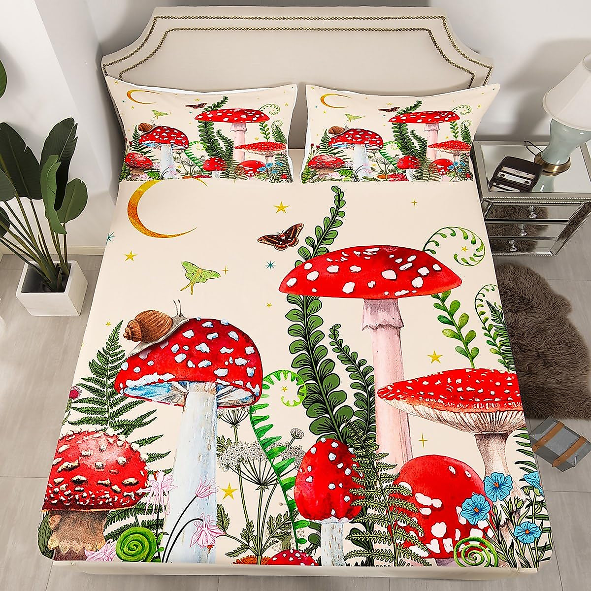 Watercolor Mushroom Bed Sheet Set Queen,Jungle Botanical Plants Butterfly Snail Soft Microfiber Sheet Set for Kids Adults,Glittering Starry Sky Moon Fitted Sheet + Flat Sheet + 2 Pillow Cases