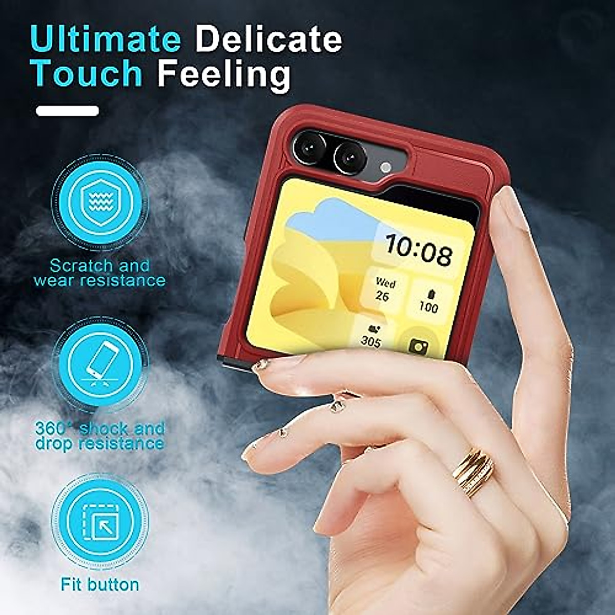 Janmitta for Samsung Galaxy Z Flip 5 Case Built in Front Screen Protector+Hinge Protection+Finger Ring Metal Kickstand,Heavy Duty Shockproof Full Body Protective Cover,2023 Red