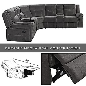 FREESNOOZE Manual Reclining Sectional Sofa Recliner Sofa with Cup Holder and Storage Console for Living Room Furniture(Fabric Grey)