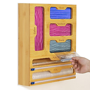 HILELIFE Bamboo Ziplock Bag Organizer for Drawer, Foil and Plastic Wrap Organizer, 6 In 1 Plastic Bag Organizer for Drawer, Baggie Organizer for Drawer