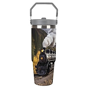 RTFGHJS Steam Locomotive Train 30 Oz Tumbler with Handle And Flip Straw, Stainless Steel Vacuum Insulated Travel Mug, Thermal Cup for Coffee, Water, Iced Drinks, Fits Car Cup Holders (Home, Sports)
