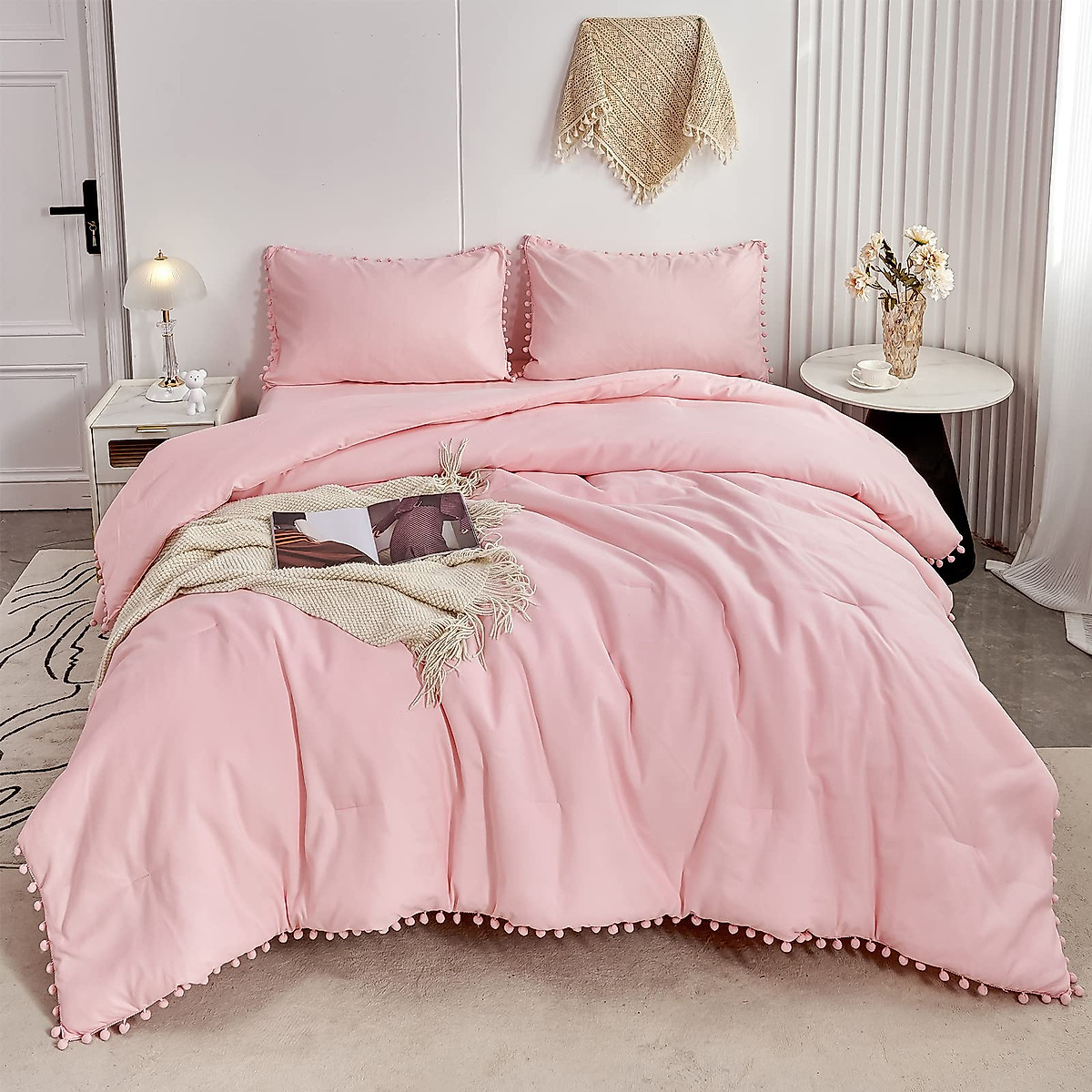 PERFEMET 5 Pcs Pink Pom Pom Comforter Boho Chic Aesthetic Ball Pom Comforter Set Full Size Ultra Soft Lightweight Bedding Set with Sheet for Girls Kids(Pink, Full)
