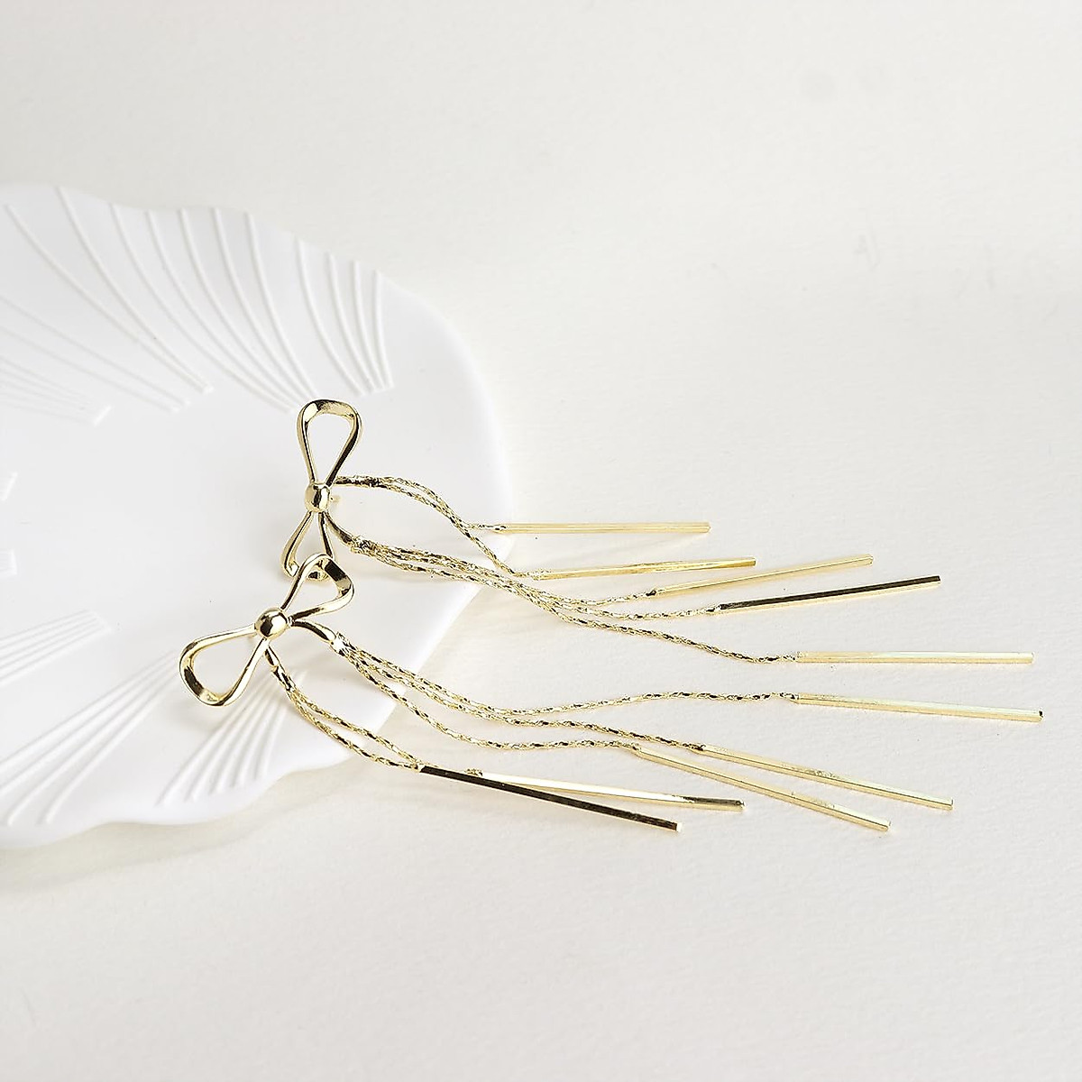 Agriajun Long Gold Bow Tassel Drop Dangle Earrings for Women- Dainty Metal Chain Dangling Shiny Bar Earring Statement Fringe Waterfall Wedding Bridesmaid Prom Jewelry Mother Gifts