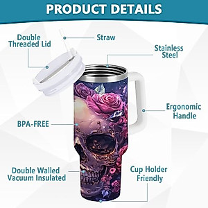 Slewiaeky Tumbler with Handle 40 oz Kawaii Goth Skull Rose Travel Mug with Lid and Straw Stainless Steel Vacuum Insulated Water Bottle Cup for Iced Tea Coffee Cold Beverages Cup Holder Friendly