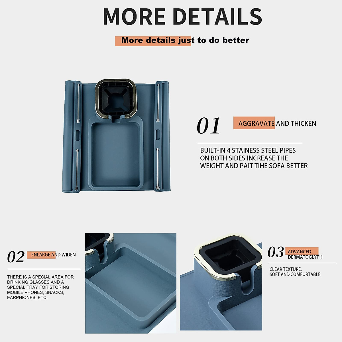 BOUTICOL Couch Tray Sofa Arm Cup Holder Tray Coaster Holder Silicone Anti-Spill and Anti-Slip Armrest Cup Holder Suit for Armchair, Sofa, Recliner, Couch Remote Control and Phone Organizer (Blue)