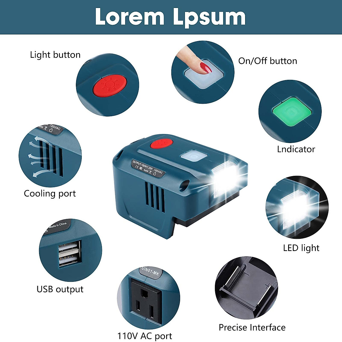 150W Power Supply Inverter for Makita 18V, TEPULAS DC 18V to AC 120V Power Source USB Phone Charger Adapter for Makita with LED Light & AC Outlet(No Battery)