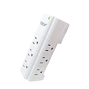 Tech2 Three Sided Surge Protector Power Strip with 9 Outlets & 2 USB Ports, Swivel Base Compact Design Fits in 1 Outlet for Home, School, or Office