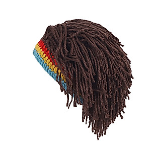 Men Knit Hat with Hair Boys Funny Handmade Knitting Winter Hat Beanie Rasta Hat with Dreadlocks (B-Brown)
