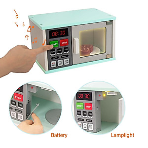 WOODENFUN Toddler Play Kitchen Toys, Wooden Microwave Oven with Light and Realistic Sound, Pretend Play Kitchen Accessories, Learning Toy Birthday Gifts for Boys Girls 3-8 Year Old