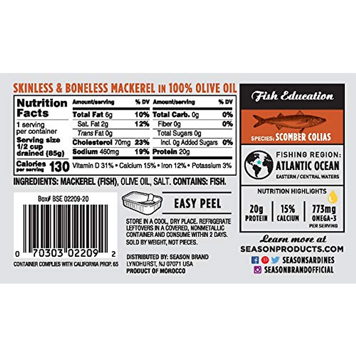 Season Mackerel in Olive Oil – Skinless & Boneless, Wild Caught, Keto Snacks, Canned Mackerel Fillets, Full of Vitamins, Low in Mercury, Kosher, Non-GMO, 20g of Protein – 4.37 Oz, 12-Pack