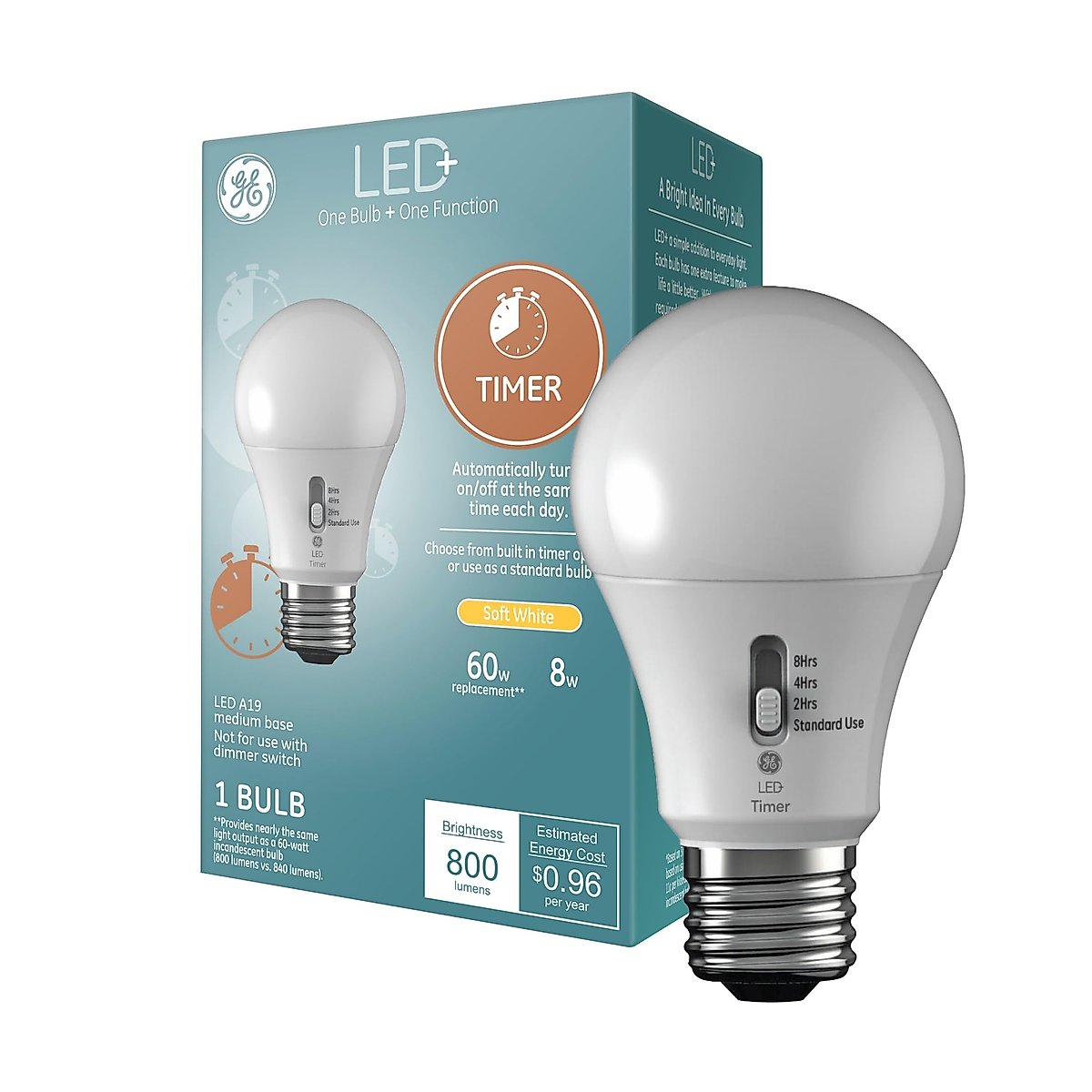 GE LED+ Timer A19 LED Light Bulbs, Built-in Automatic Indoor Timer Light, 8W, Soft White (1 Pack)