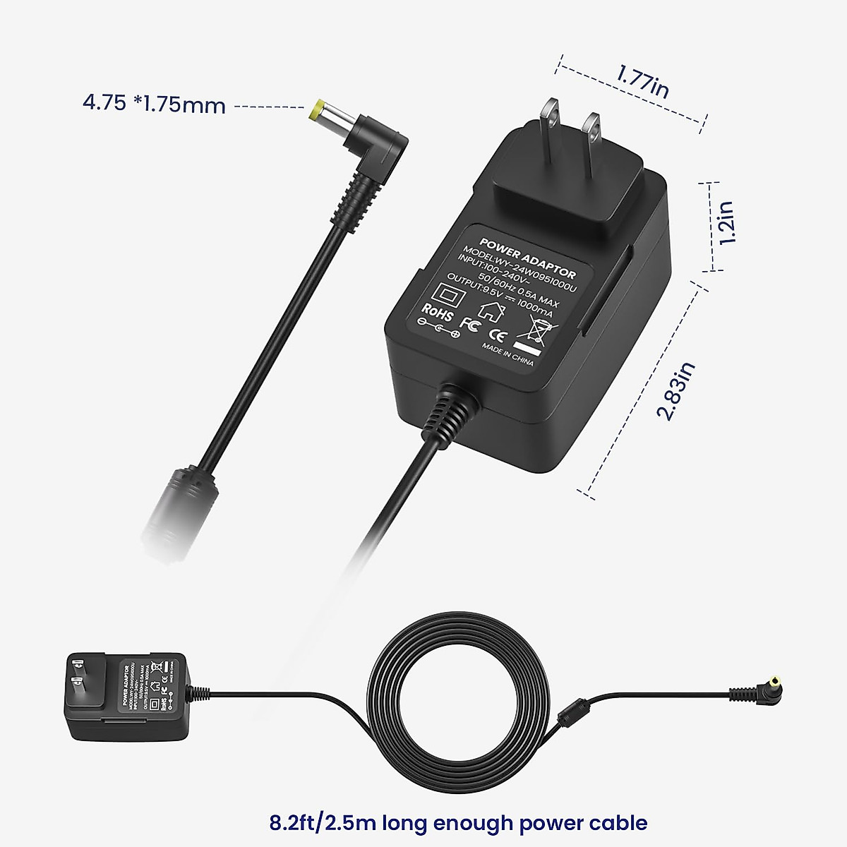 XXSZHY 9.5V AC/DC Adapter for Casio Power Supply Charger for Casio Piano Keyboard - Only Compatible for Listed Models (8.2 Ft Long Cord) (9.5v 1a)