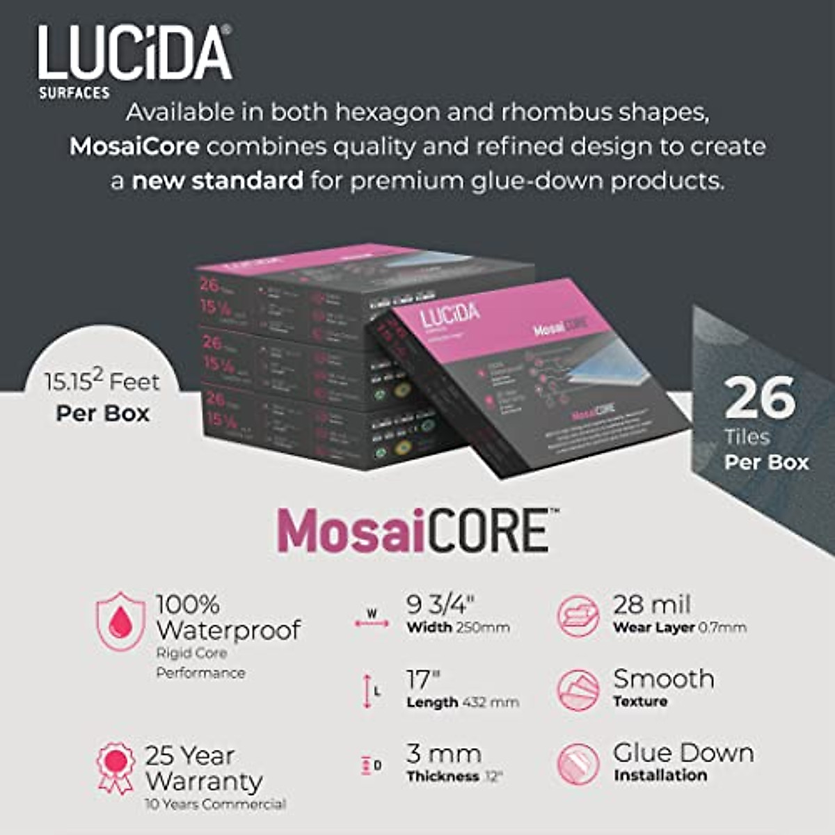 Lucida Surfaces Luxury Vinyl Floor Tiles | Glue Down Adhesive Flooring | Textured Look Rhombus Shaped Tile | MosaiCore | Single Sample Tile
