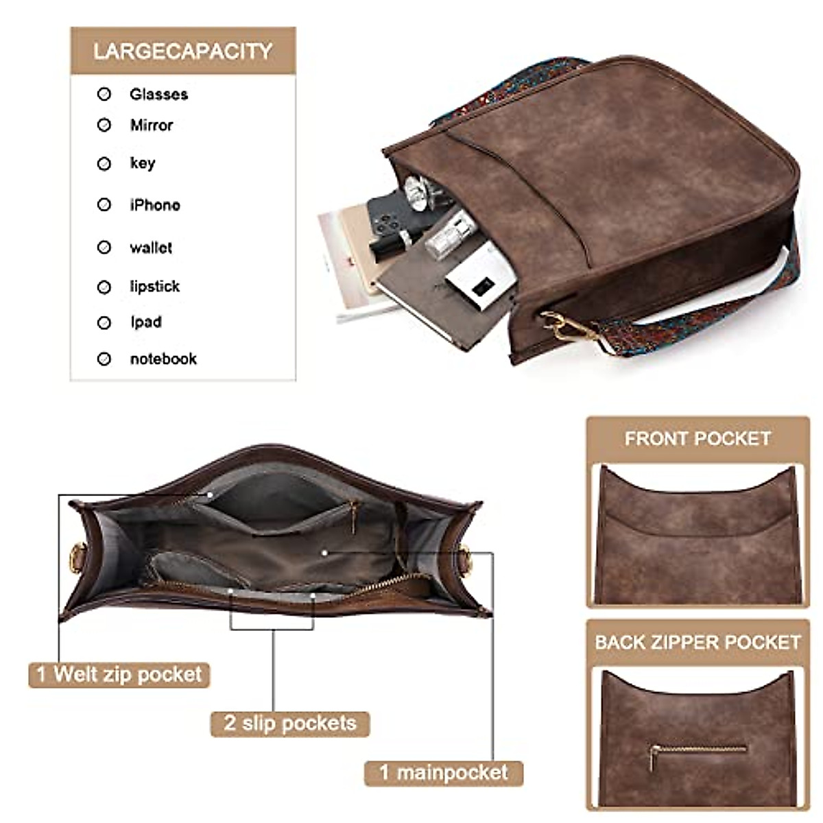 HKCLUF Crossbody Bag for Women Vegan Leather Hobo Handbags Women Fashion Shoulder Bags Cross-body Purse with 2PCS Adjustable Strap(Coffee)