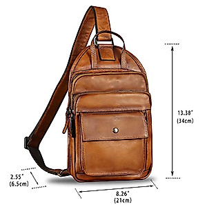 IVTG Genuine Leather Sling Bag for Men Vintage Crossbody Hiking Shoulder Bag Backpack Retro Cowhide Handmade Casual Daypack Purse Fanny Bag (Brown)
