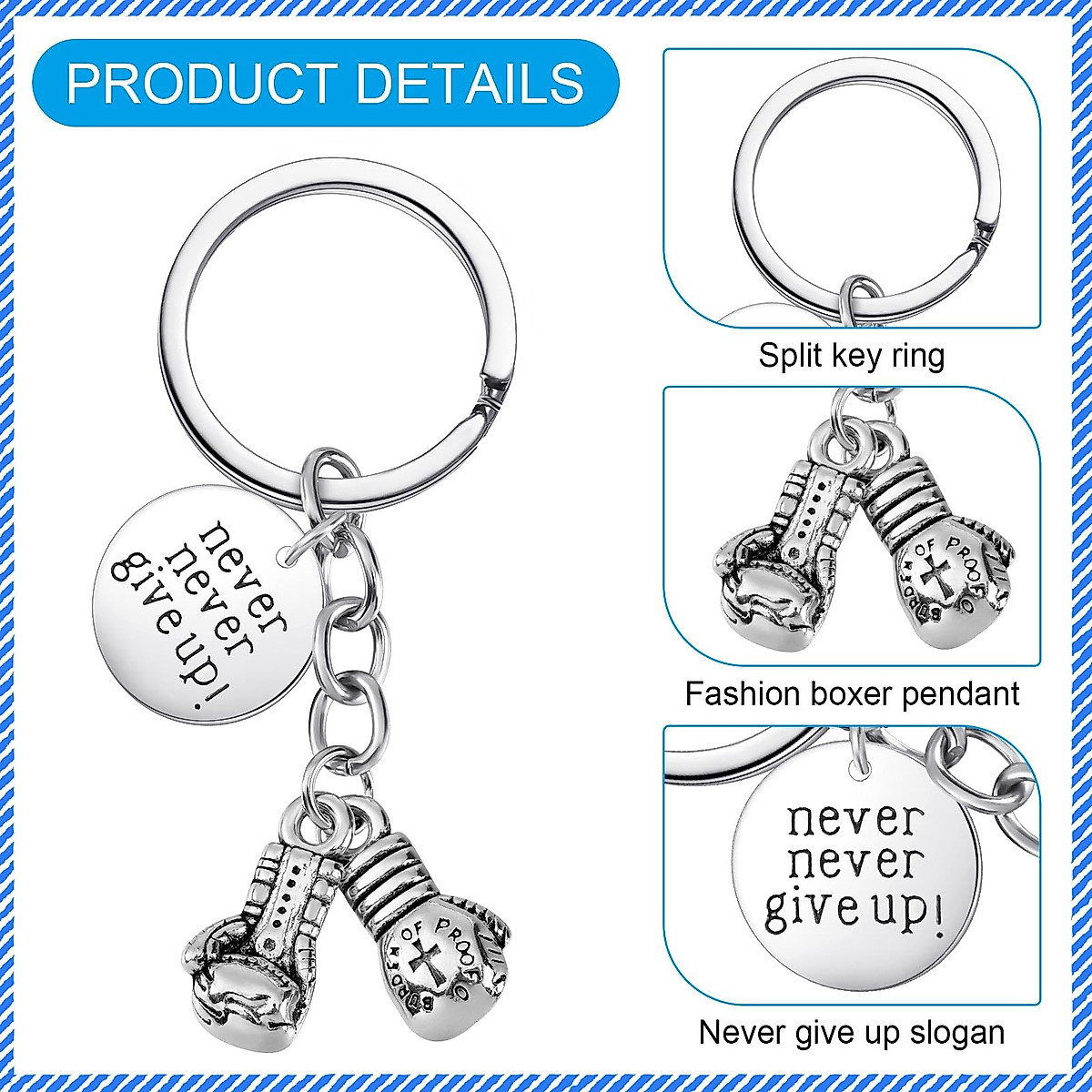 Loetere 24 Sets Never Give up Boxing Keychain Boxing Gloves Charm Keyring with Thank You Tag and Organza Bag Inspirational Keychain Gift for Boxers Appreciation Gift Fitness Gift Boxer Fan Gift