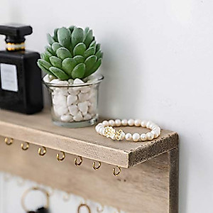 BYHER Wall Mounted Jewelry Organizer with 24 Hooks - Rustic Wood Shelf Jewelry Display - Storage for Necklaces, Bracelets, Earrings, Bows (24 Hooks)