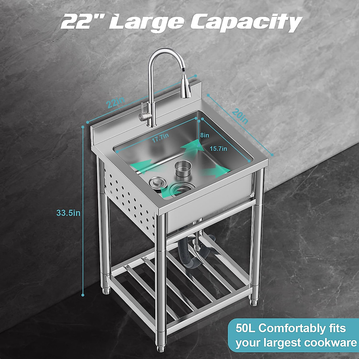 AUPOPP Utility Sink, Stainless Steel Outdoor Sink for Laundry Bar Restaurant, Free Standing Commercial Sink Portable Kitchen Sink Station with Pull-out Faucet, Cold/Hot Water for Farmhouse, Garage