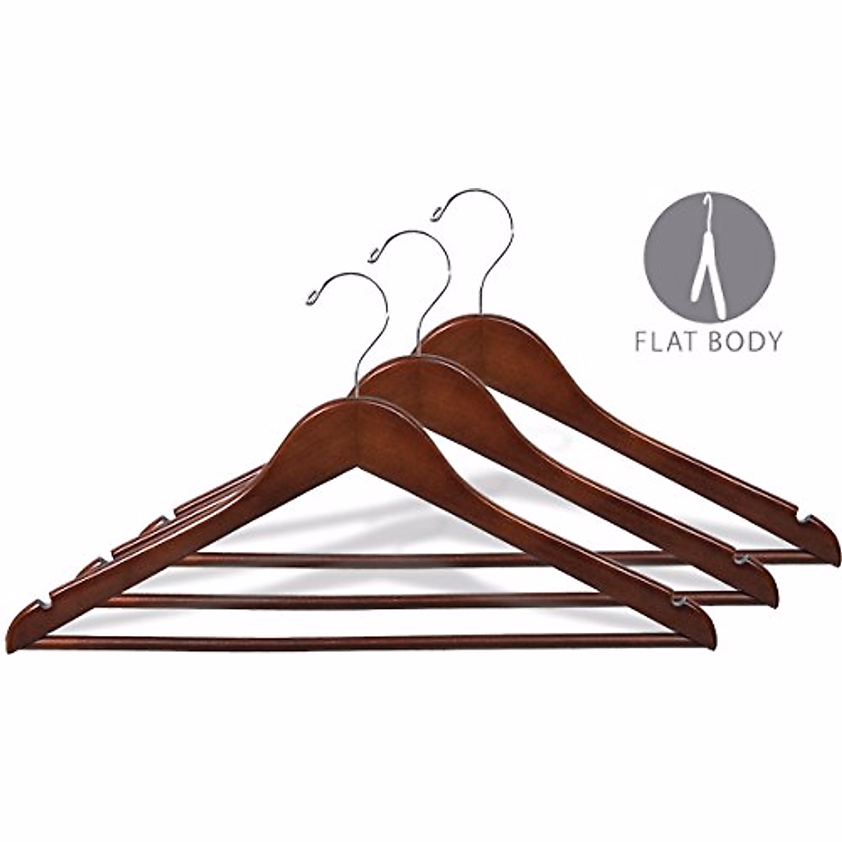 The Great American Hanger Company Wood Suit Hanger w/Solid Wood Bar, Box of 25 Space Saving 17 Inch Flat Wooden Hangers w/Walnut Finish & Chrome Swivel Hook & Notches for Shirt Dress or Pants