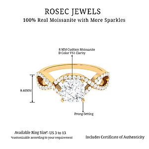 Rosec Jewels 3 CT Certified Moissanite Crossover Infinity Engagement Ring in Gold (7 MM Cushion, D Color VS1 Clarity), 14K Yellow Gold, Size:US 8.00