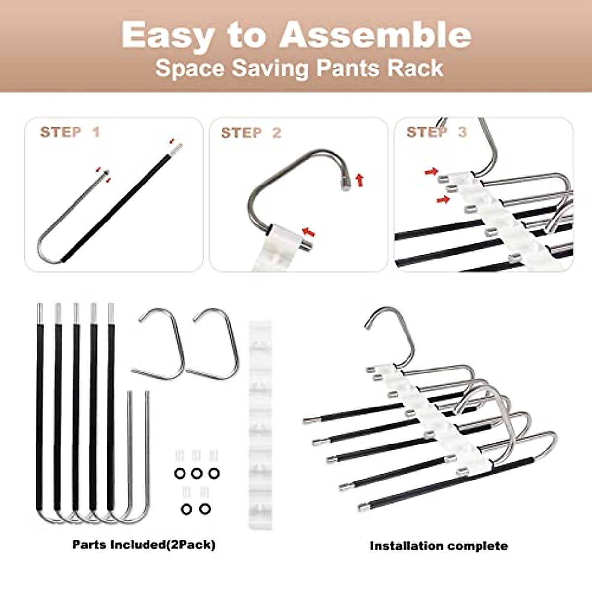 2 Pack Multifunctional Pants Rack, 5 Layers Space Saving Pants Hangers Stainless Steel Clothes Jeans Hangers Clothes Hangers for Pants Jeans Trousers Skirts Scarf