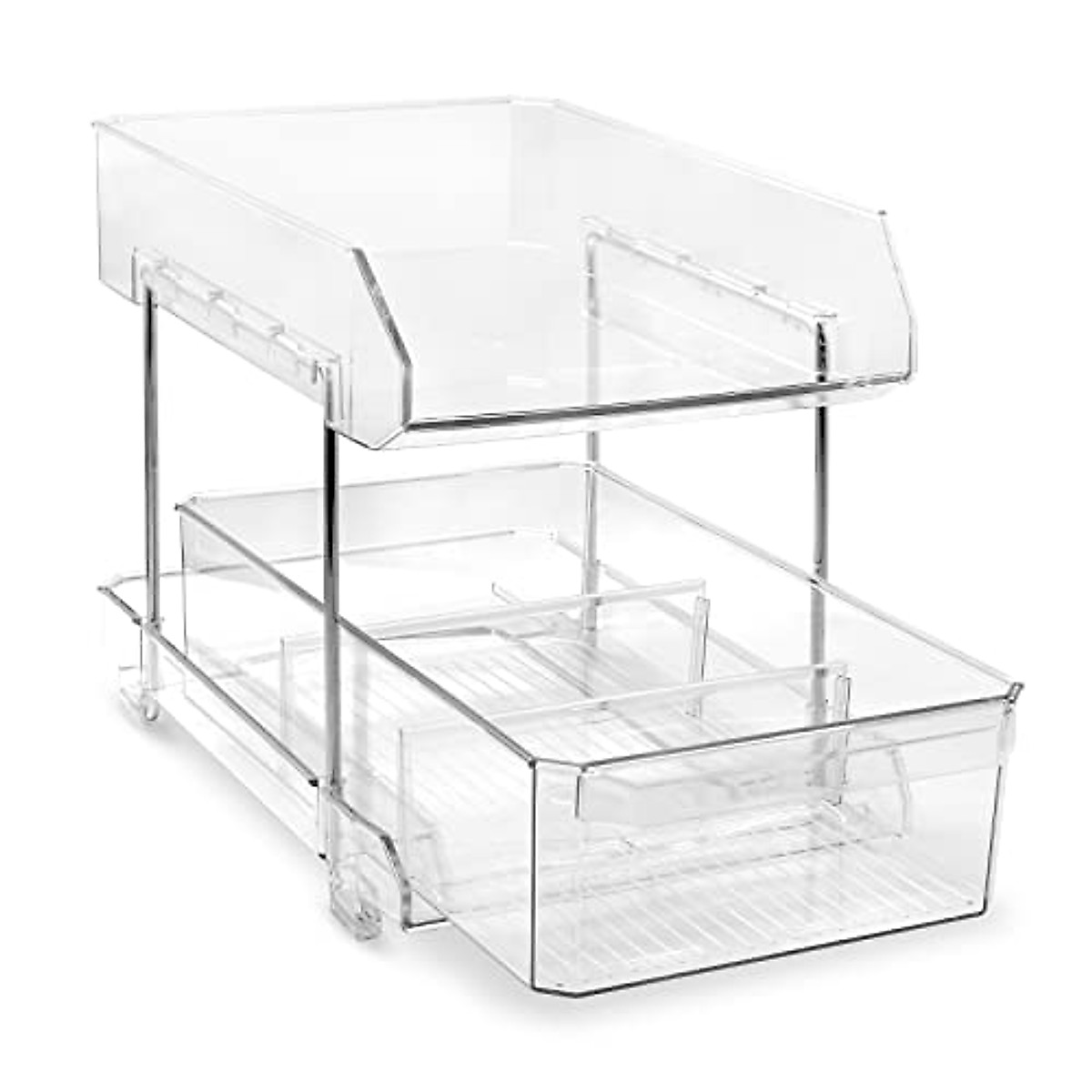ruishetop 2-Tier Multi-Purpose Pull Out Cabinets Organizer Shelf, Under Sink Cabinet Organizer with Drawer, Sliding Basket Drawer Countertop Organizer Storage for Home Office Kitchen (Clear- 2 Set)