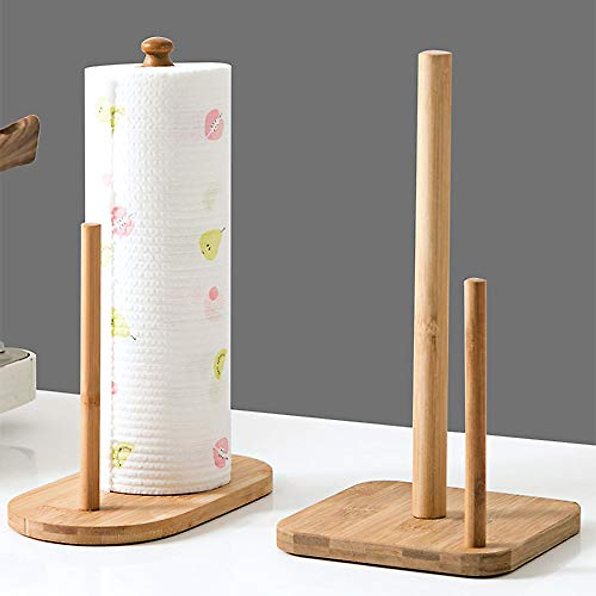Bamboo Wood Standing Paper Towel Holder Wooden Paper Towel Rack Kitchen Paper Hanger Rack Bathroom Towel Roll Stand Organizer for Cabinet Table (Square)