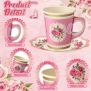 Tioncy 100 Pcs Tea Party Decorations Include 50 Pieces 9 oz Floral Paper Tea Cups with Handle and 50 Plates Disposable Blossom Teacups and Saucers Sets for Girls Birthday (Floral)