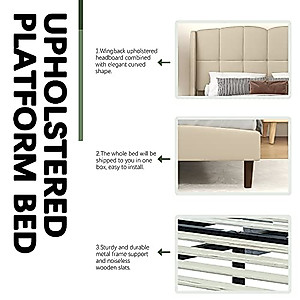AGARTT Upholstered Platform Full Size Bed Frame with Geometric Headboard No Box Spring Required Anti-Slip Beige Linen