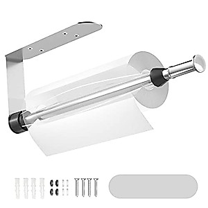 BARONAGE Under Cabinet Paper Towel Holder, One Hand Easy Tear Paper Towel Hanger Wall Mount with Damping Effect, Ratcheting Papertowel Rack Self-Adhesive or Drilled for Kitchen Bathroom RV - Silver