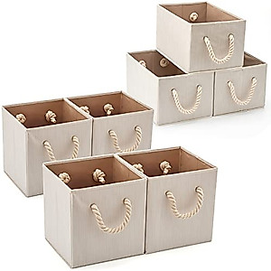 EZOWare Set of 7 Bamboo Fabric Storage Bins Baskets with Cotton Rope Handle, Collapsible Cube Container Box for Nursery, Kids, Closet, and More
