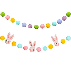 2 Pieces Easter Felt Garland Wool Felt Rabbit Pom Pom Garland Bunny Ball Colorful Pom Pom Garland for Easter Party Decoration Supply