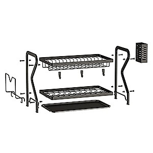 LIMORUNS Dishracks On Counter with Drainboard 2 Tier Set of Dish Drying Rack with Drainboard Utensils & Cutting Board Holder, Rustproof Large Black Dish Holders for Kitchen Counter
