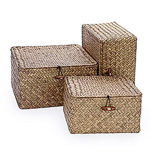 Hipiwe Wicker Shelf Baskets Bins with Lid Handwoven Storage Baskets Boxes Natural Seagrass Basket Box Home Decorative Household Organizer Bins Boxes for Shelf Organizing,Set of 3