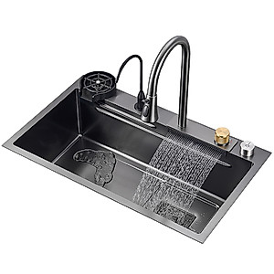Kitchen Sink,New Stainless Steel Waterfall Sink,Bar Sink, 304 Stainless Steel Sink, with Cup Washer Sinks, Drop-in Or Undermount Installation (Color : Black-Grey, Size : 80x45x20cm)
