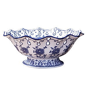 Fruit Bowl Fruit Serving Plate Blue and White Porcelain Decoration Bowl with Foot for Living Dining Drawing Room, 24cm (Blue&White-with foot)