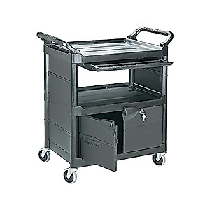 Rubbermaid Commercial Plastic Service and Utility Cart with Cabinet and Sliding Drawer, Black (FG345700BLA) 200 lbs
