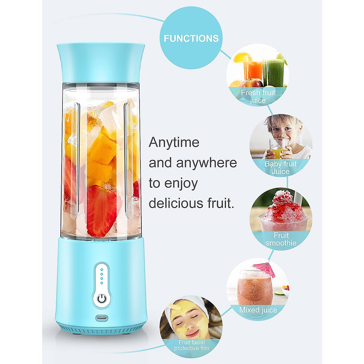 MPWHYL Portable Blender, Personal Blender Smoothies and Shakes, Type-C Rechargeable 4000mAh Mini Blender with 500ml Bottle,IPX7 Waterproof Small Blender Single Juicers (Blue)