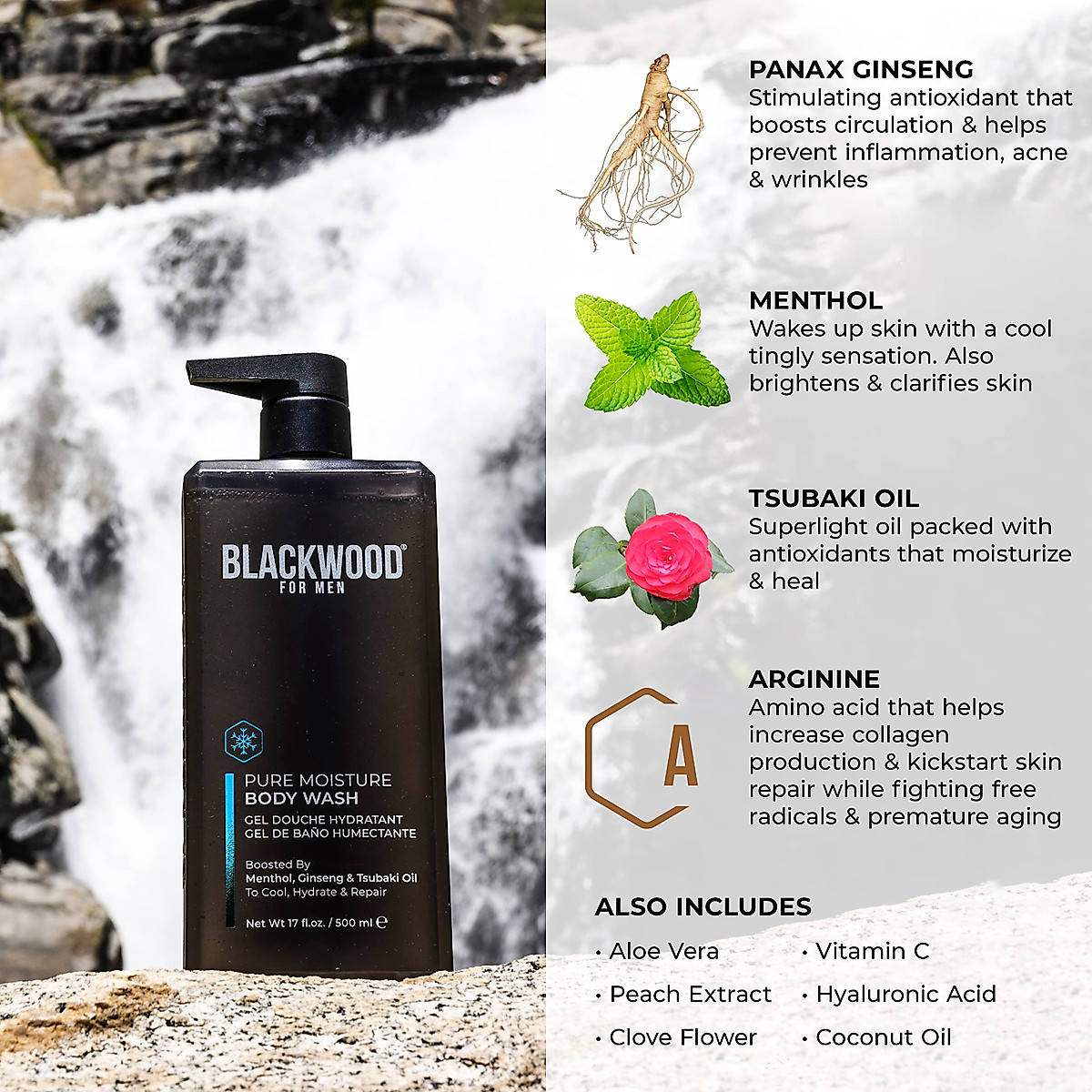 Blackwood For Men Pure Moisture Body Wash - Infused with Ginseng & Menthol - Natural Vegan Formula for Sensitive Skin and Workout Recovery - Sulfate Free, Paraben Free, & Cruelty Free (17 Oz)