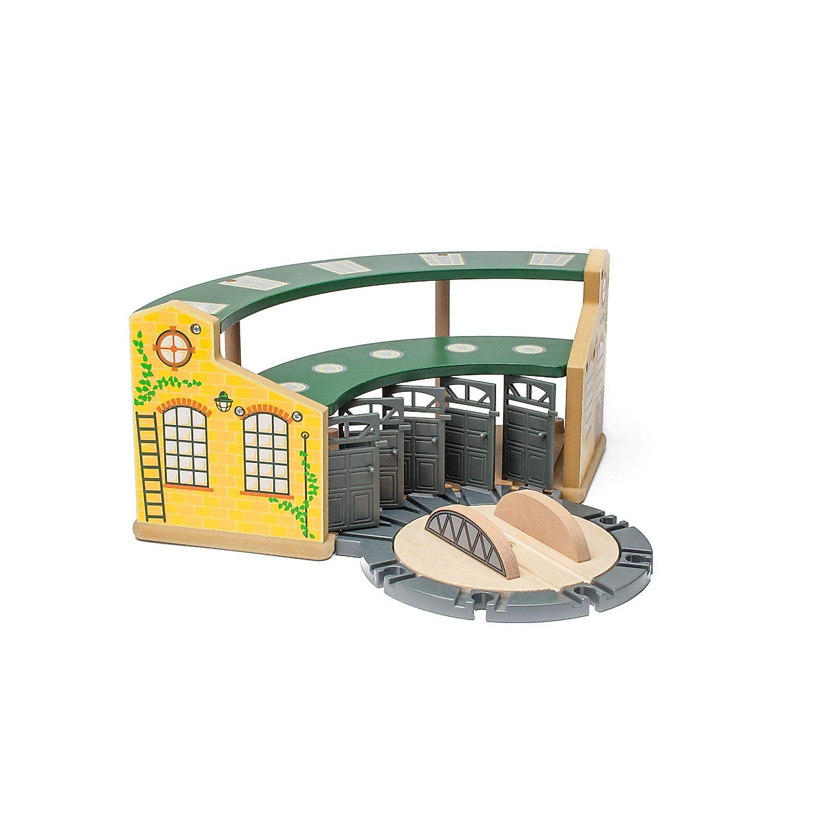 maxim enterprise, inc. Wooden Train Round House Combo with Rotating Turntable, Train Shed to House 5 Engines or Cars, Wooden Train Track Accessories Compatible with Major Brand Railway Sets