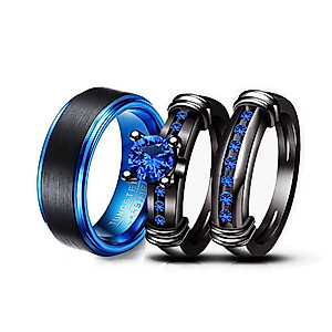 LOVERSRING Couple Ring Bridal Set His Hers Women Black Gold Filled Blue Agate Men Stainless Steel Wedding Ring Band