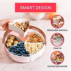WOWZILLA Round Divided Serving Tray with Lid and Handle, Portable Snackle Box Container with 5 Compartment Trays for Fruit, Veggies, Snacks and Nuts, To Go Snack Container for Travel, Camping, Picnic