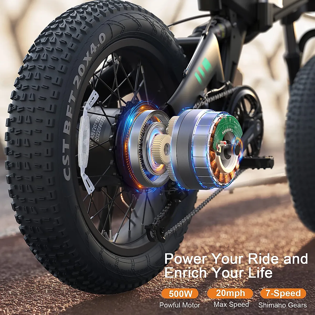 Wooken Electric Bike for Adults, 20''X4.0 Fat Tire Ebike for Adults, (Peak 750W) Foldable Electric Bicycle with 48V 10Ah Battery, 7 Speed, Shock Absorber, 20MPH Ebike for Mountain Beach Snow