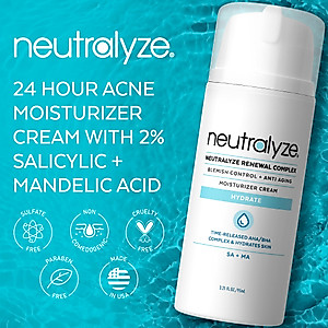Neutralyze Maximum Strength Acne Moisturizer for Face & Body - Time Released, Medical Grade 2% Mandelic Acid & Salicylic Acid Cream - Renewal Complex Facial Moisturizer for Acne Prone Skin (90+ Day)