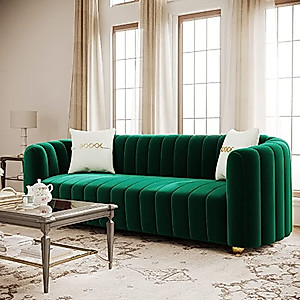 yunqishi KEAI 83.46" Green Velvet Couch for Living Room Emerald Green Large Modern Sofa with Gold Metal Sphere Legs Comfy 3 Seater Cute Sherpa Green Couches for Bedroom Office (Green)