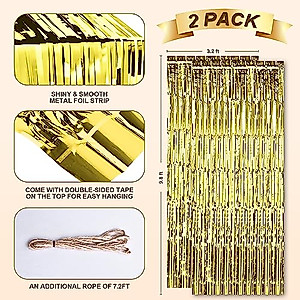 EMART 6.5x10ft Adjustable Photo Backdrop Pipe and Drape Stand Kit with 2 Pack 3.2 ft x 9.8 ft Gold Tinsel Backdrop for Wedding Birthday Christmas Party