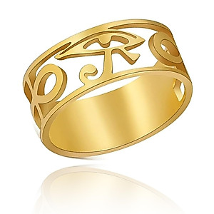 SIPURIS Egypt Eye of Horus Ring Egyptian Ankh Cross Anxiety Spinner Ring Stainless Steel Men's Ring Rotating Fidget Ring Stress Relieving Wedding for Women Couple Promise (8, Gold)