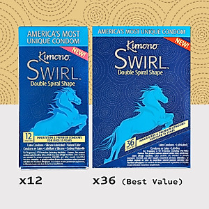 Kimono Swirl Condoms - Double-Helix Twisting Shape, Condom Innovation, Extreme Sensations, More Comfort, Lubricated, with Reservoir Tip, Natural Latex Condoms, Vegan, No Latex Odor (Pack of 12)
