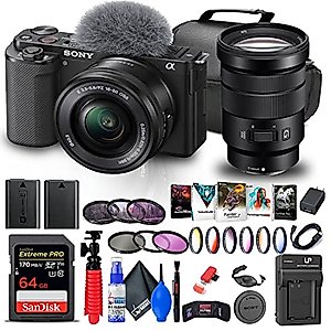 Sony ZV-E10 Mirrorless Camera with 16-50mm Lens (Black) (ILCZV-E10L/B) + Sony 18-105mm Lens + 64GB Card + Color Filter Kit + Filter Kit + Corel Photo Software + Bag + NPF-W50 Battery + More (Renewed)